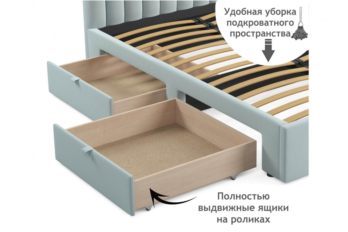 Мягкая кровать-тахта Milena 1200 мята пастель с ящиками, артикул ...